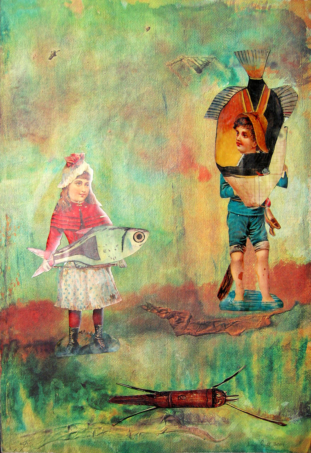 Amy Ernst | Gone Fish'n | 2004 color lithograph with collage