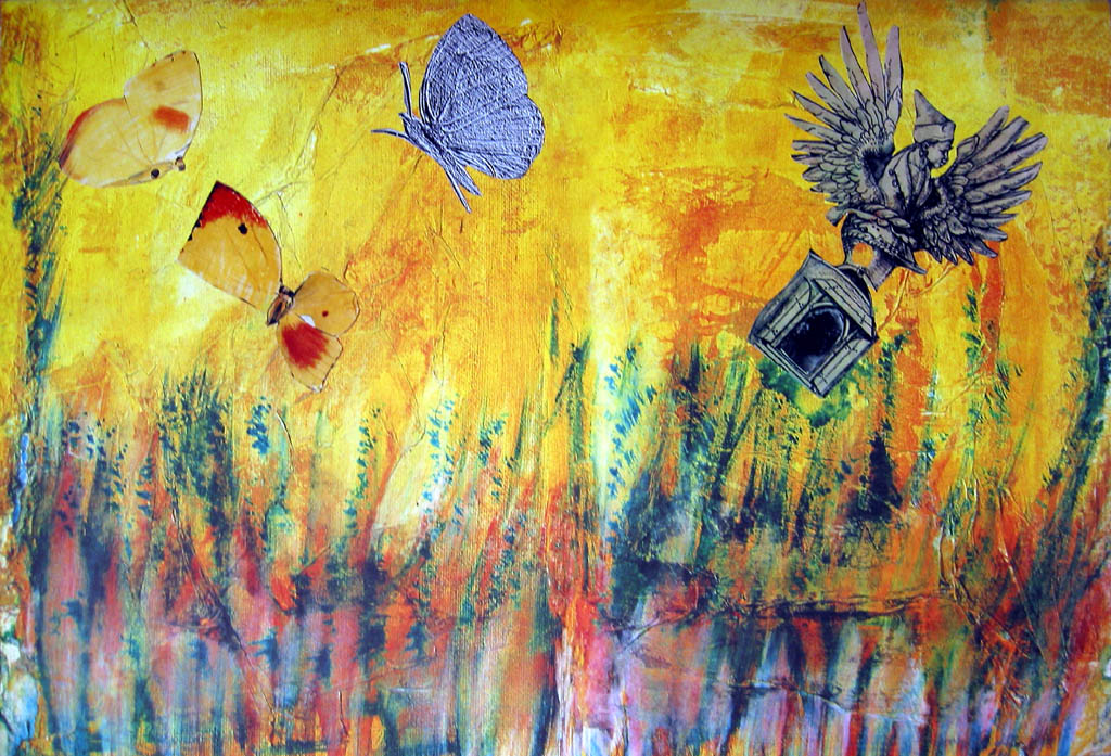 Amy Ernst | Butterflies | 2004 color lithograph with collage