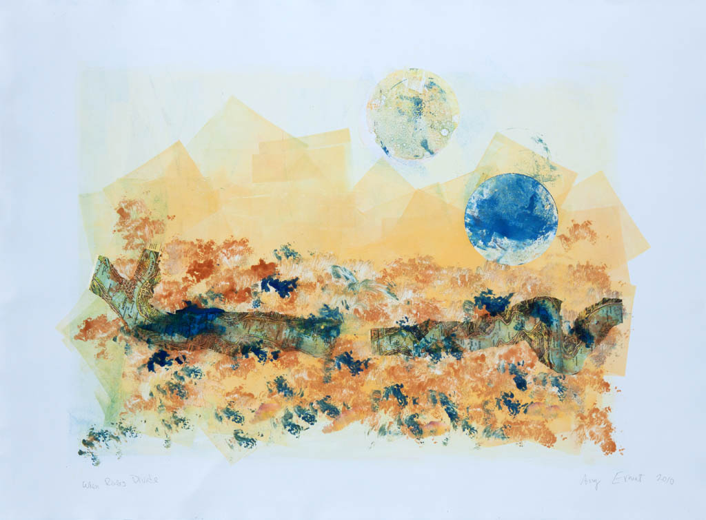 Amy Ernst | When Rivers Divide | 2010 color monoprint with collage